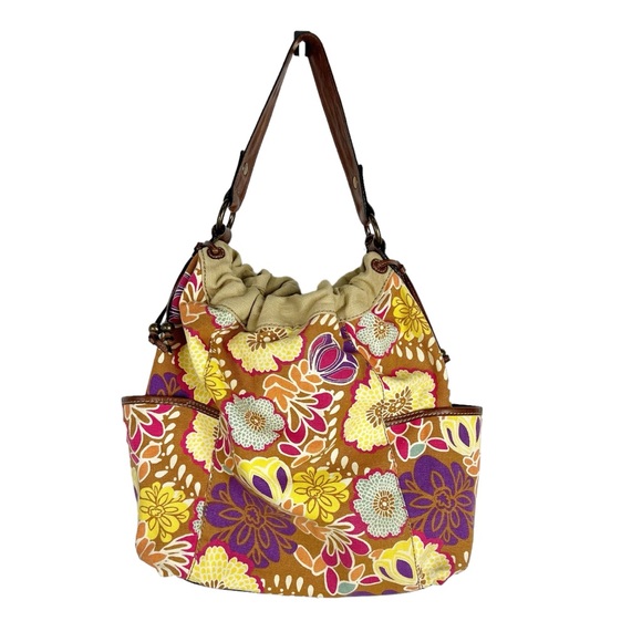 Fossil | Bags | Fossil Drawstring Floral Patterned Canvas And Leather ...